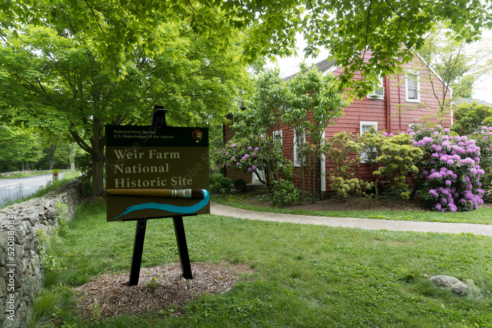 Weir Farm National Historical Park in Connecticut. Sign on easel with ...