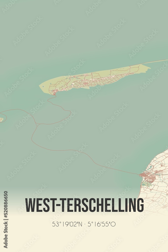Retro Dutch city map of West-Terschelling located in Fryslan. Vintage ...