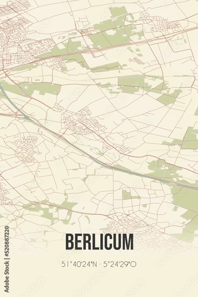 Fototapeta mapa świata dla dzieci Retro Dutch city map of Berlicum ...