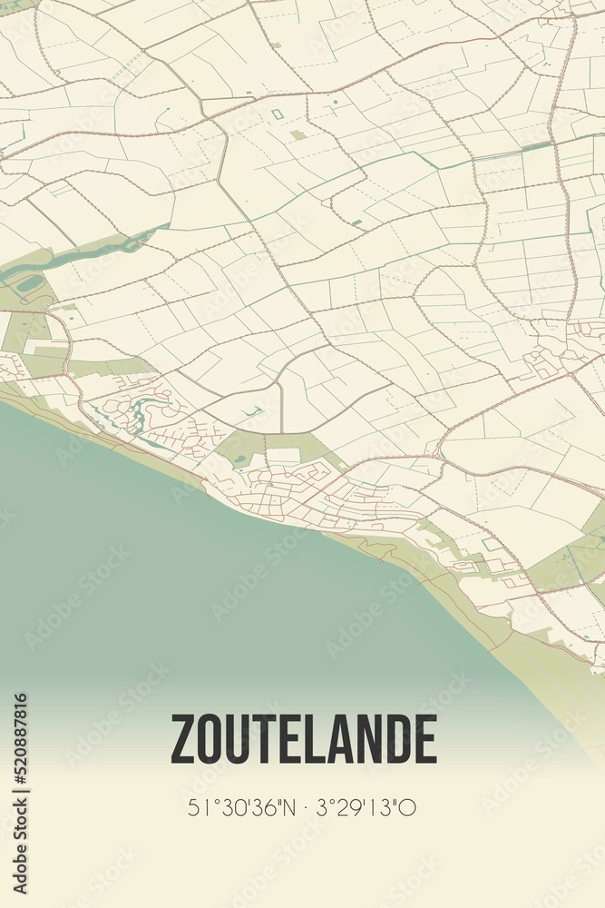 Retro Dutch city map of Zoutelande located in Zeeland. Vintage street ...