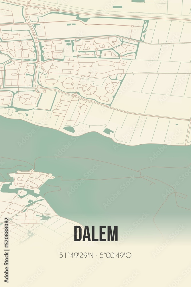 Retro Dutch city map of Dalem located in Zuid-Holland. Vintage street ...
