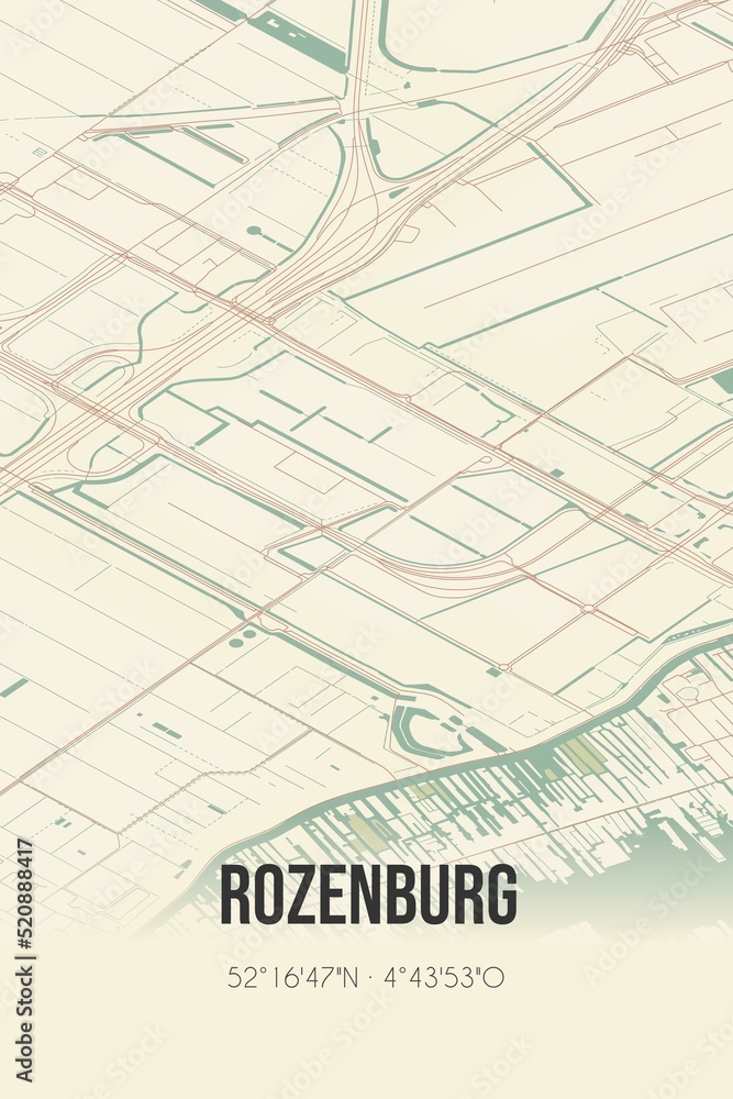 Retro Dutch city map of Rozenburg located in Noord-Holland. Vintage ...