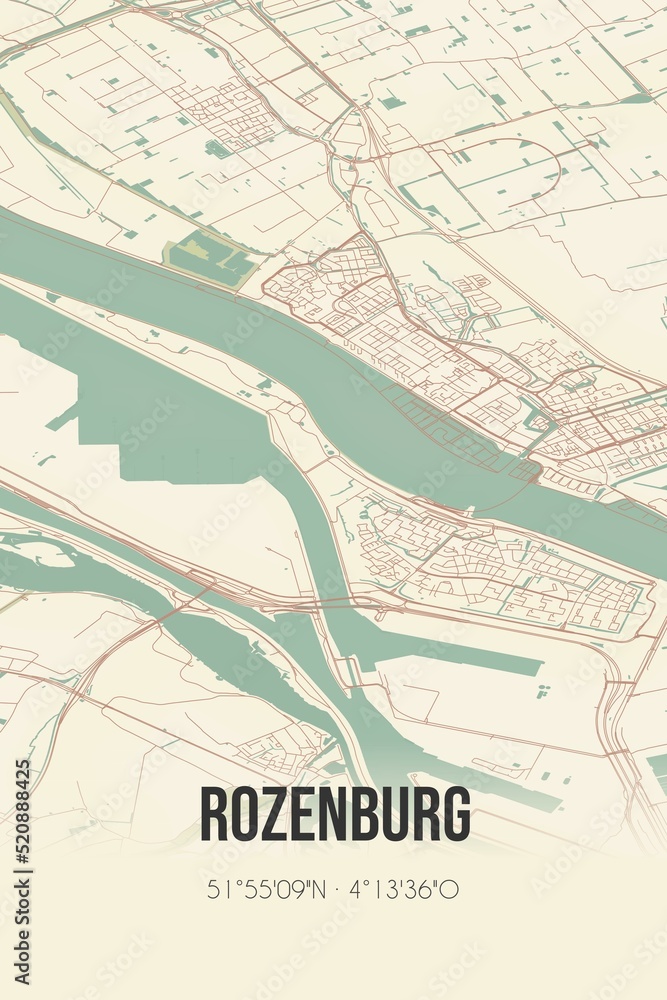 Retro Dutch city map of Rozenburg located in Zuid-Holland. Vintage ...