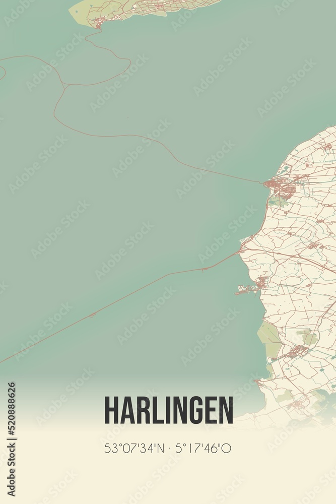 Retro Dutch city map of Harlingen located in Fryslan. Vintage street ...