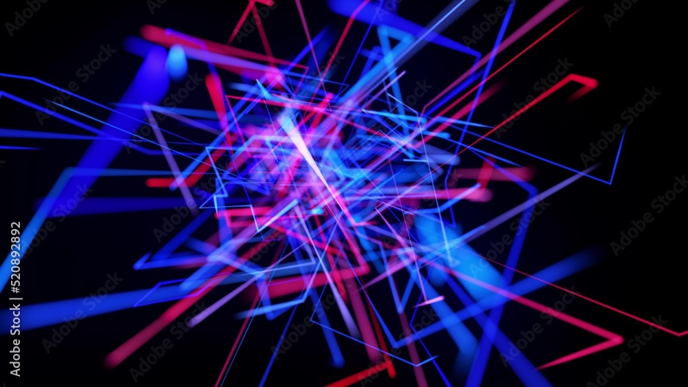 Motion graphics, sci-fi bg with flow of blue red neon glow lines form ...