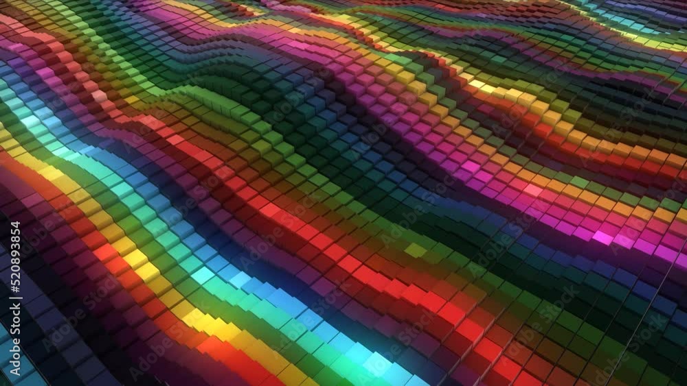 Animated neon rainbow background. Randomly moving cubes, stripes ...