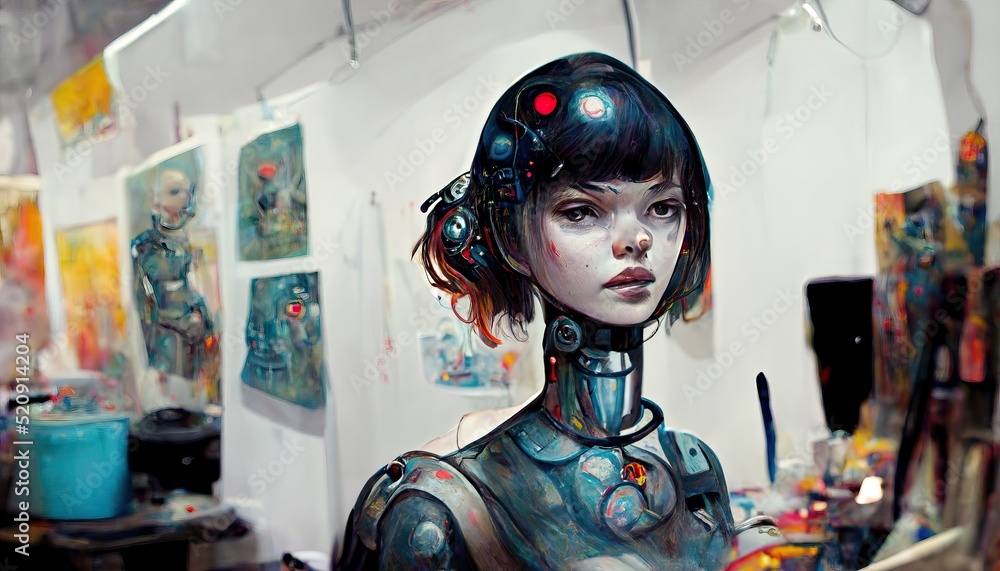 Humanoid AI robot working in an art studio painting a picture, Art ...