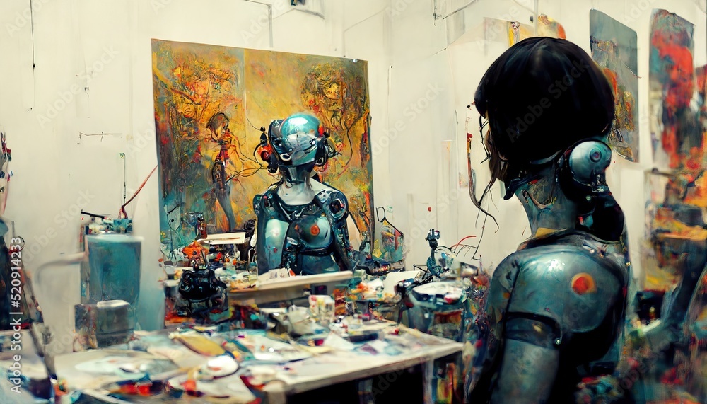 Humanoid AI robot working in an art studio painting a picture, Art ...