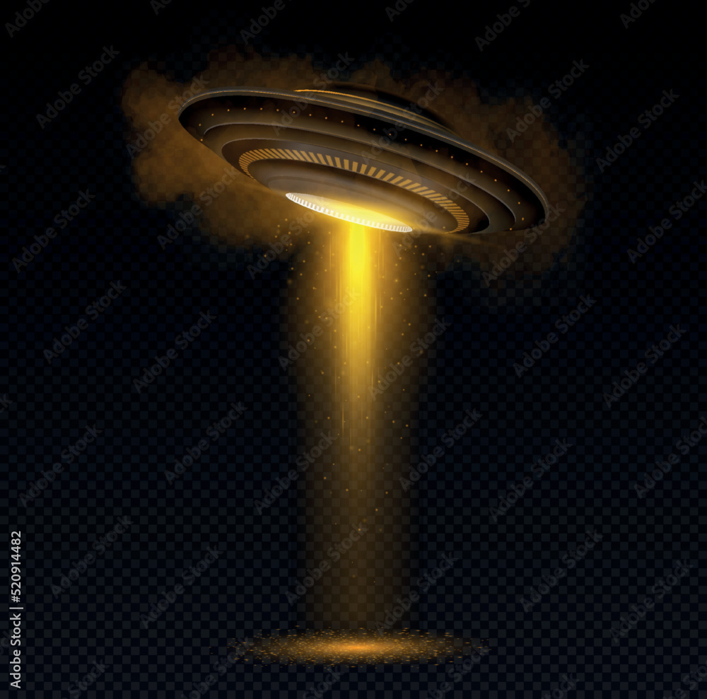 Realistic gold UFO. Graphic elements for websites, special zone in ...