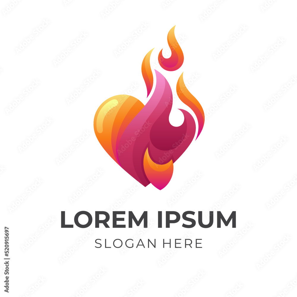 fire heart logo template, love and fire combination logo with 3d orange ...