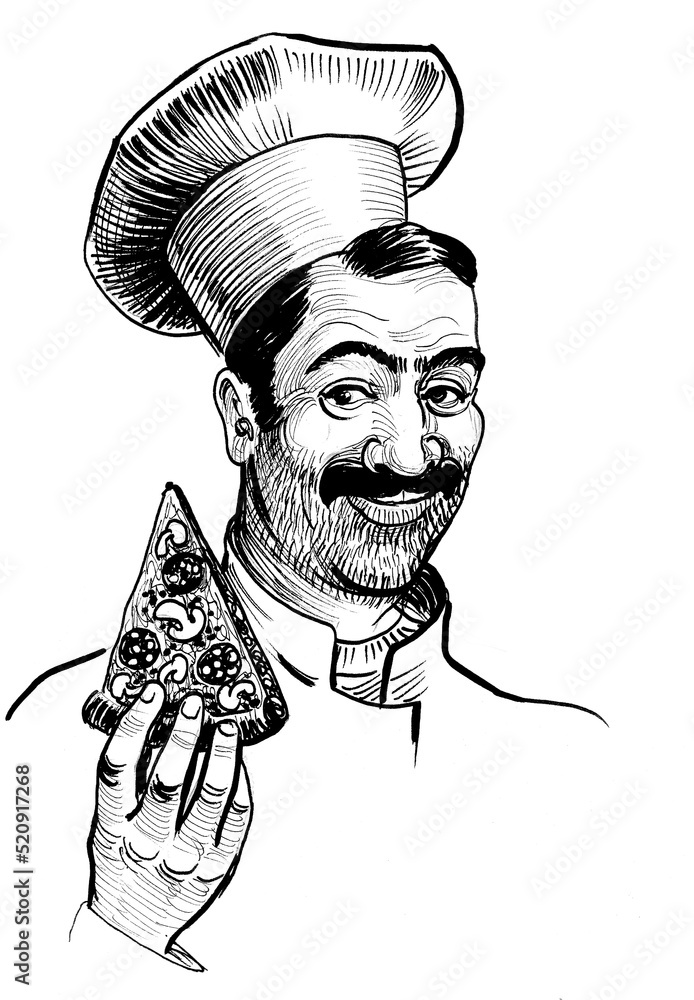 Italian chef with a slice of pizza. Ink black and white drawing Stock ...