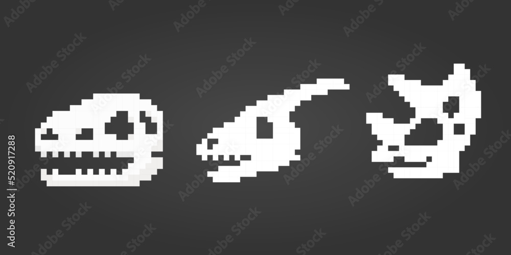 8 bit pixel dinosaur head skeleton. T rex bone pixels in vector ...