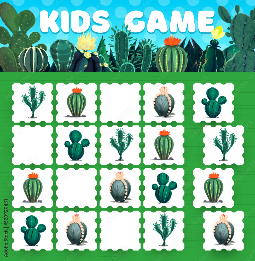 Cactuses and succulents sudoku kids game worksheet. Vector block puzzle ...
