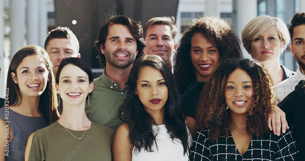 Group face portrait of happy formal corporate business people standing ...