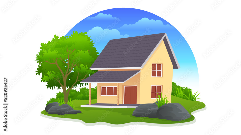 House and lawn with green grass, trees and stone cartoon illustration ...