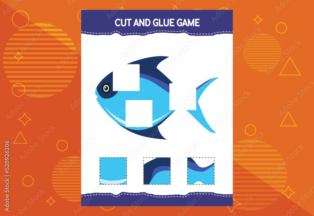 Cut and glue game for kids with fish. Cutting practice for preschoolers ...