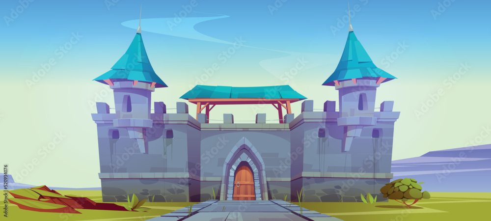 Photo & Art Print Medieval castle with gates, stone brick walls and ...