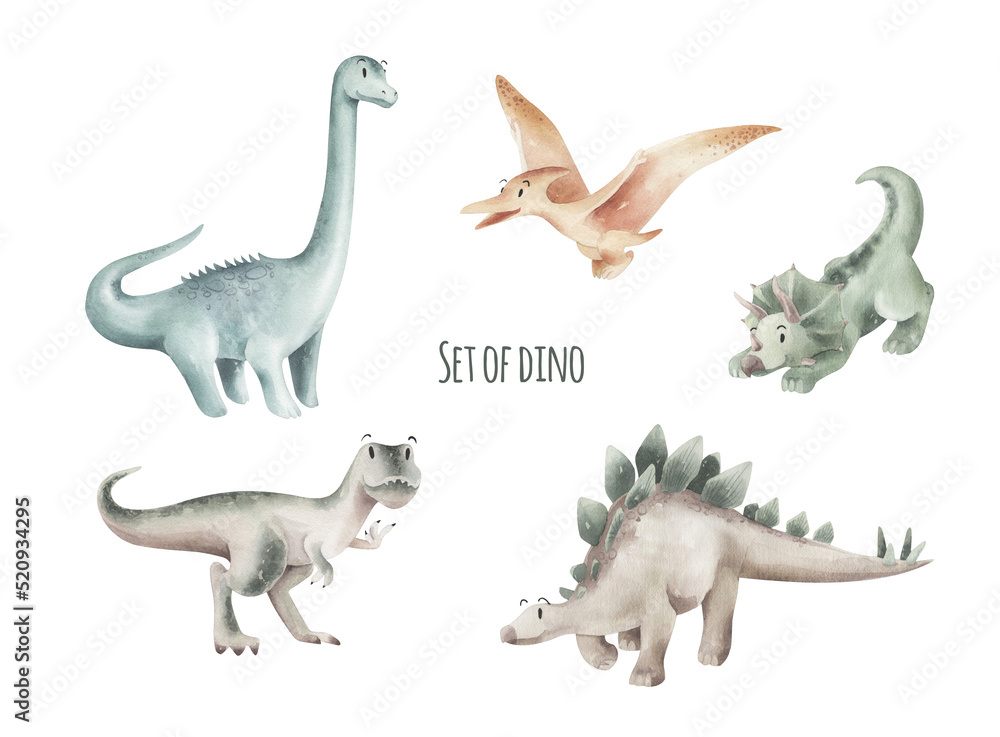 Watercolor set of dinosaurs. Prehistoric animals isolated. Stock ...