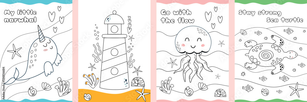 Easy coloring page set. Cute sea animals coloring page for kids ...