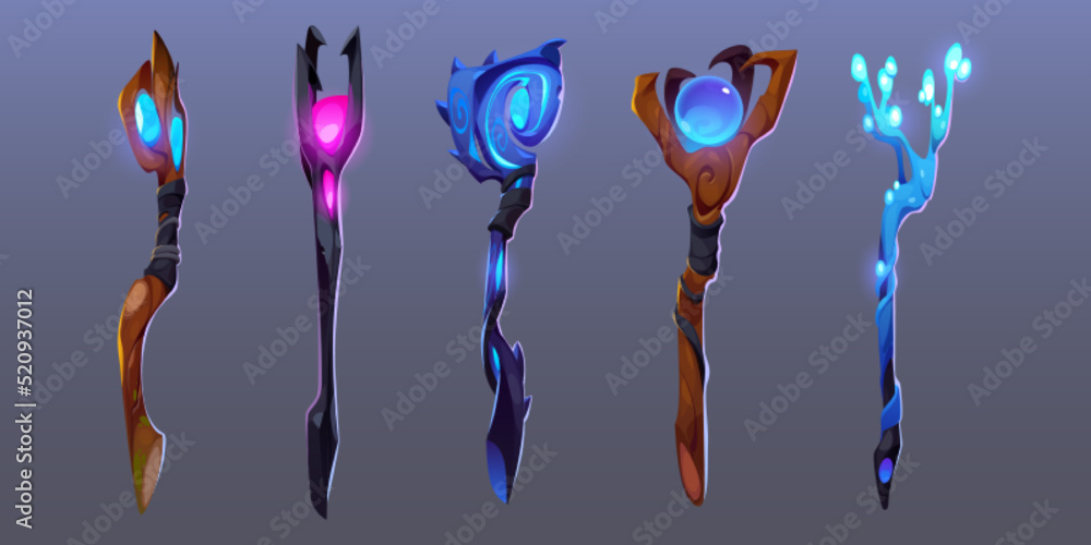 Vetor do Stock: Set of magic staff, wands or walk sticks with glow gems ...