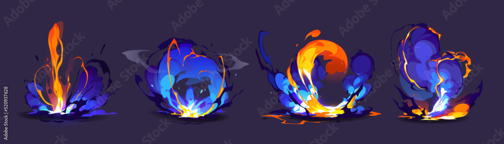 Magic explosion, bomb boom game effect. Blue and orange fire blast with ...