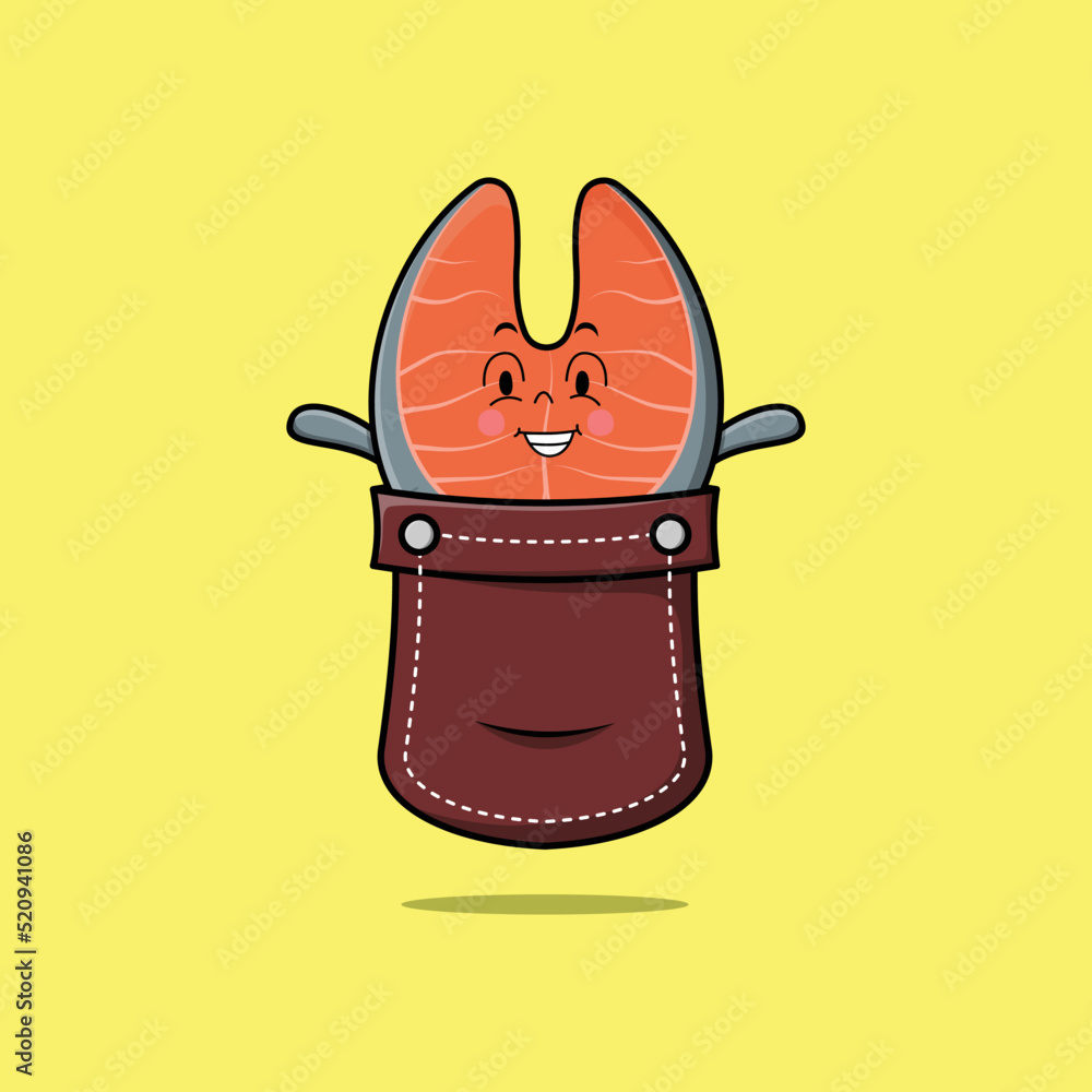 Cute cartoon fresh salmon character coming out from pocket look so ...