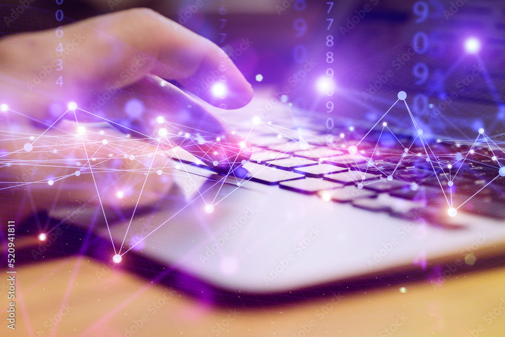 Big data technology background. Using a laptop against the background ...