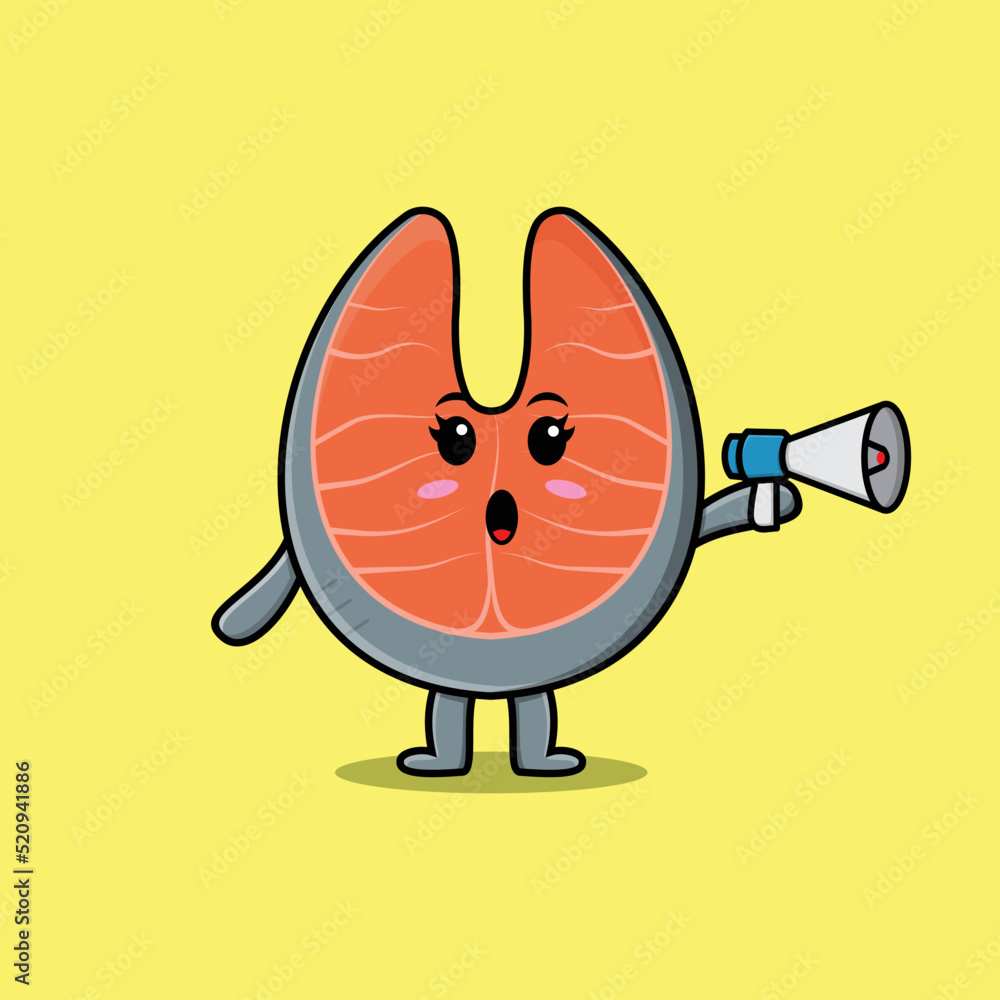 Cute Cartoon fresh salmon character speak with megaphone in flat ...