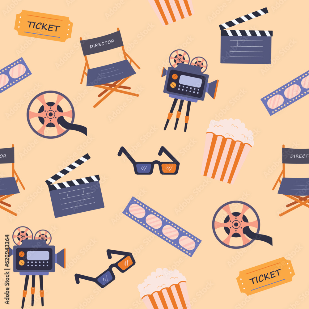 Cinema seamless vector pattern.Online movie theater background.Colored ...