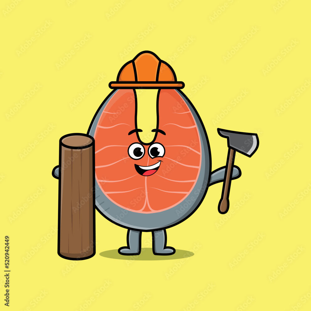 Cute cartoon fresh salmon as carpenter character with ax and wood in ...