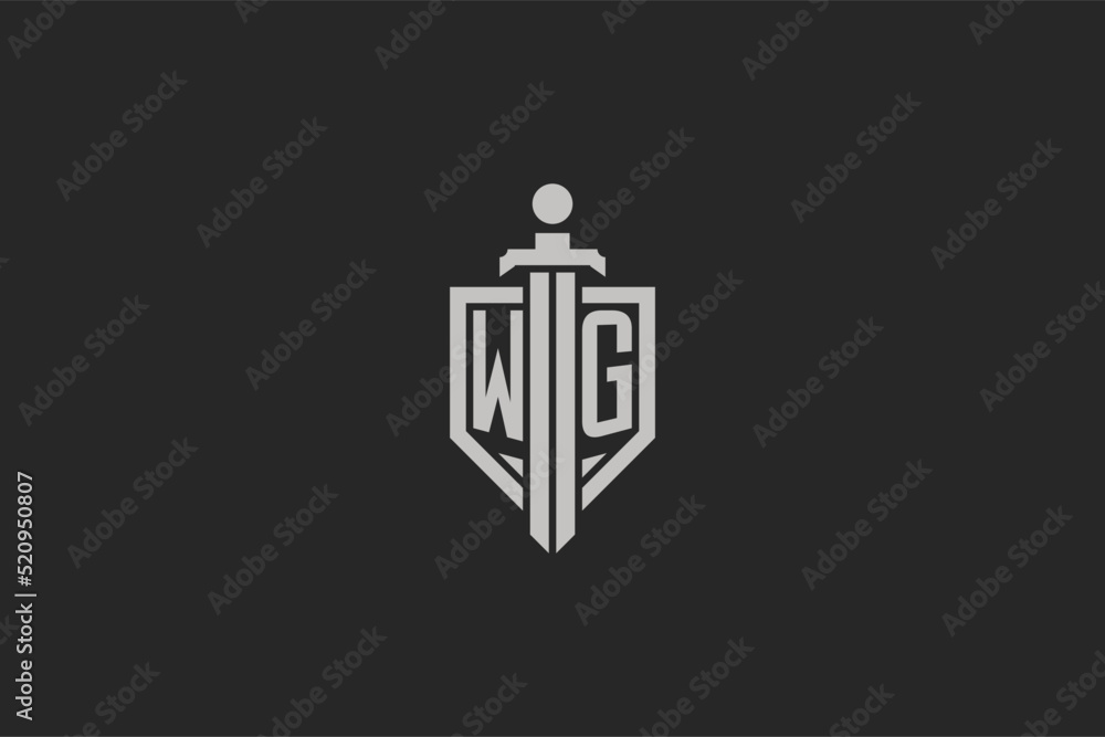 Letter WG logo with shield and sword icon design in geometric style ...