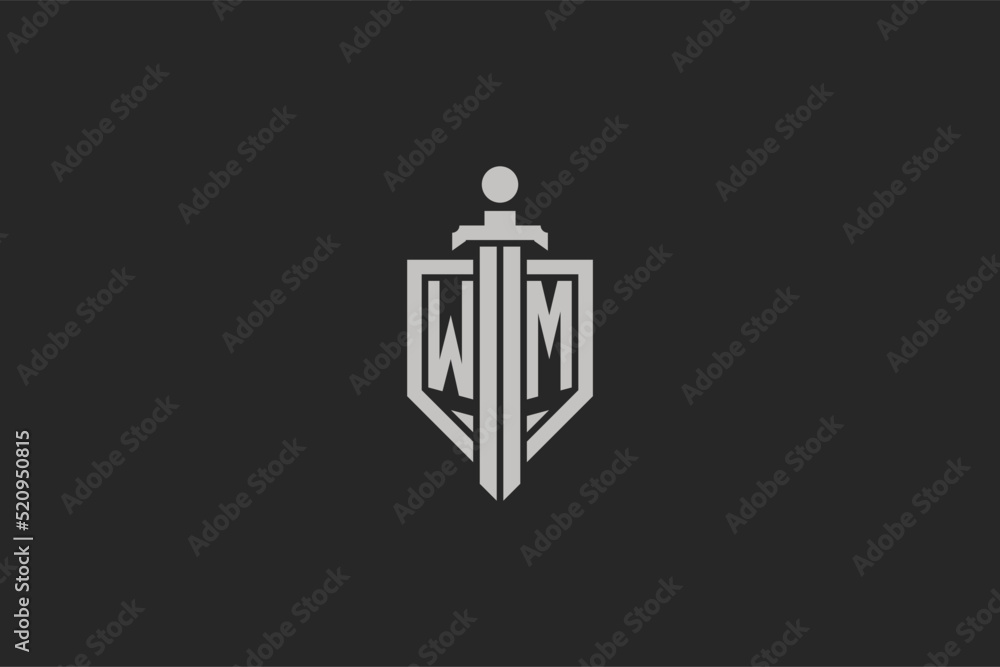 Letter WM logo with shield and sword icon design in geometric style ...