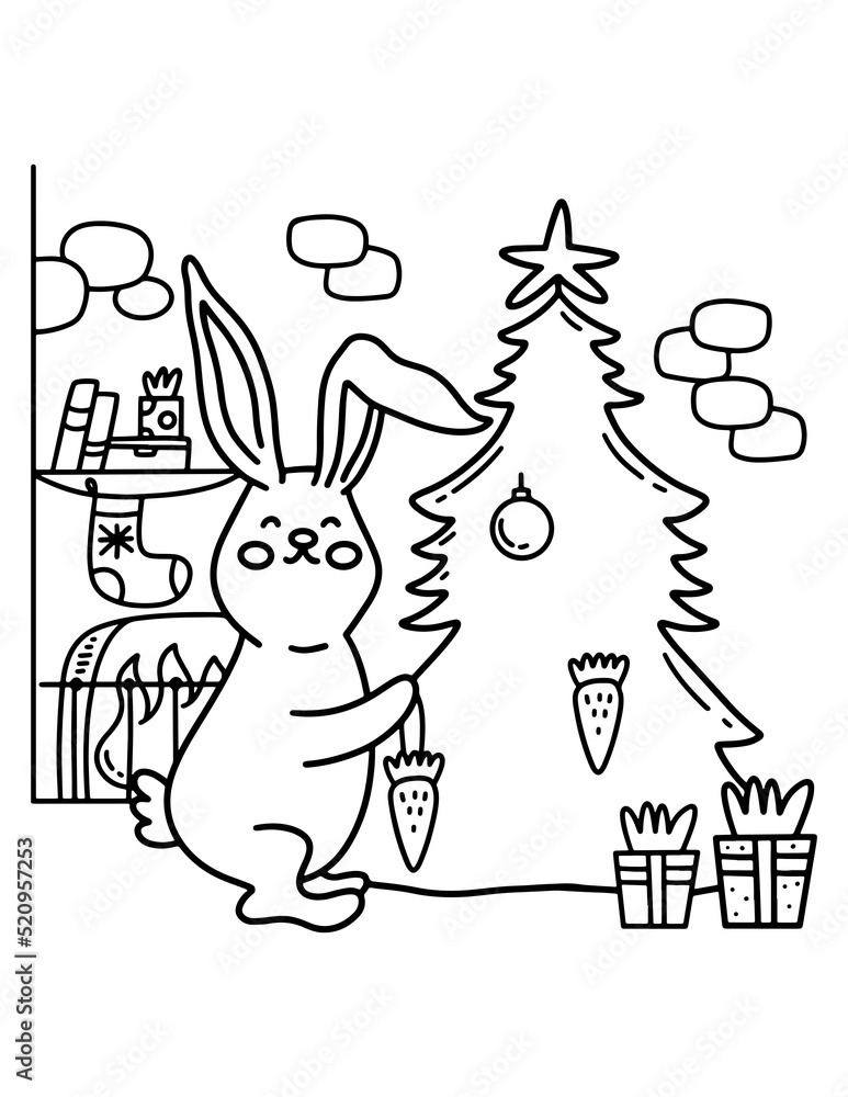 ภาพประกอบสต็อก Beautiful christmas rabbit coloring page, great design ...