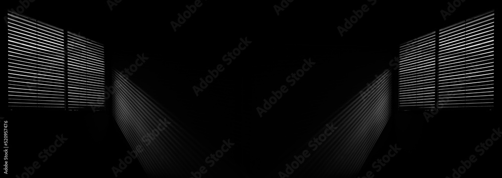 The interior of red dark room. shadow of the rays falling on the wall ...