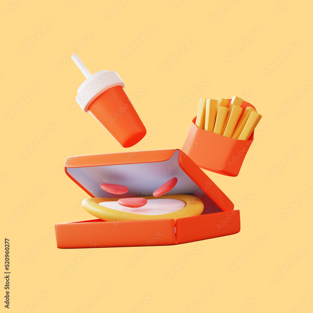 Fast food 3d rendering set. 3d illustration pizza, fries potatoes and ...