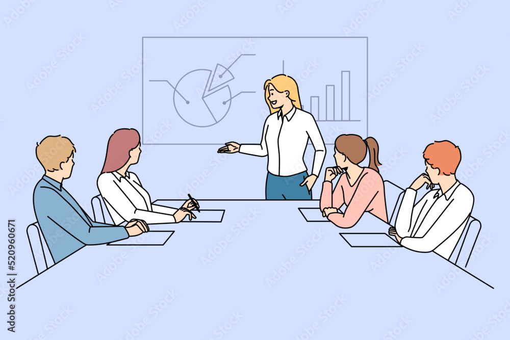 Businesswoman make presentation for colleagues in office meeting ...