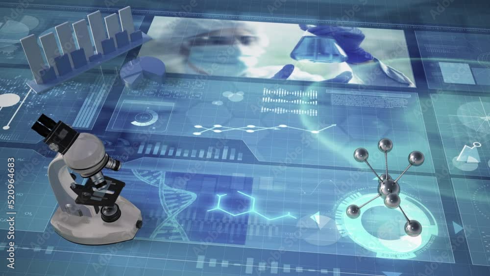 3d rotating microscope, molecule and chart on digital screen displaying ...