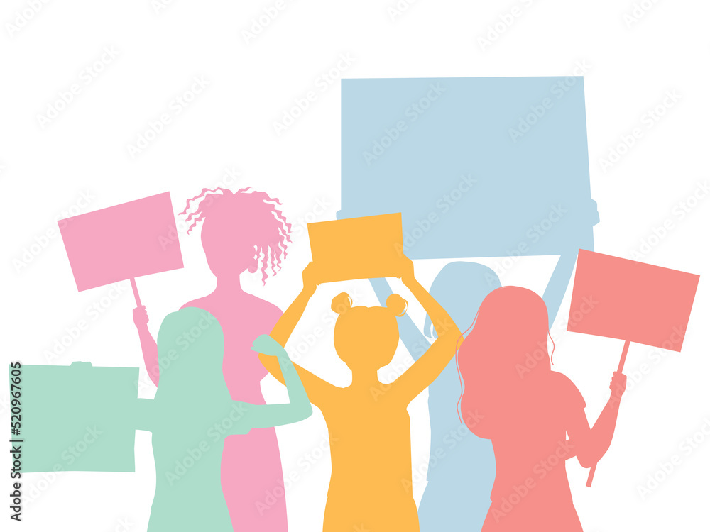 Vector illustration of women holding signs, banner and placards on a ...