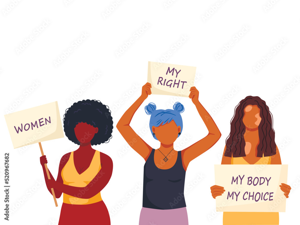 Vector illustration of women holding signs, banner and placards on a ...