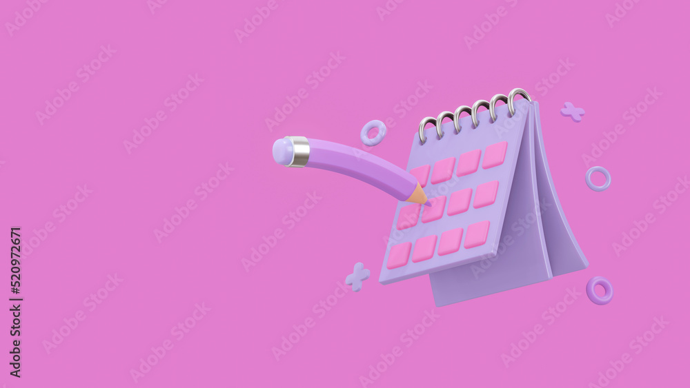 Flying calendar and pencil. Month calendar on the desk or wall with ...