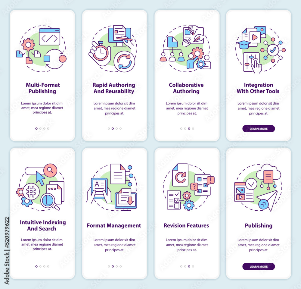 LCMS and CMS features onboarding mobile app screen set. Integration ...