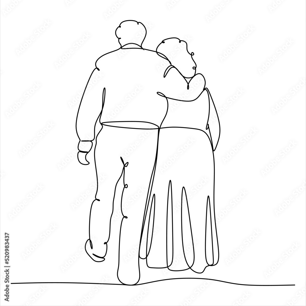 Elderly couple in continuous line art drawing style. Senior man and ...