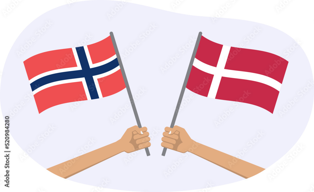 Norway and Denmark flags. Norwegian and Danish national symbols. Hand ...