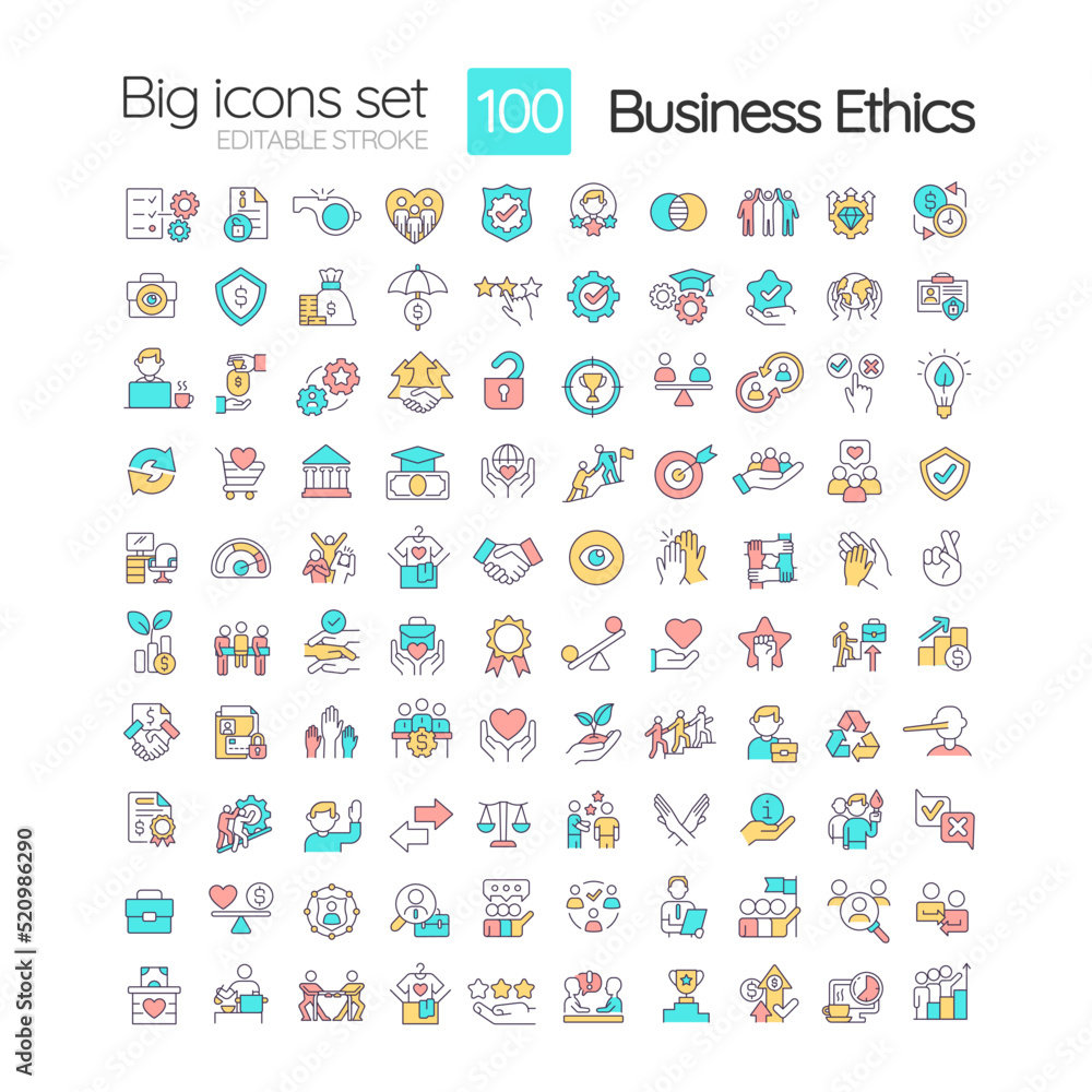 Business ethics RGB color icons set. Teamwork in workplace. Reaching ...
