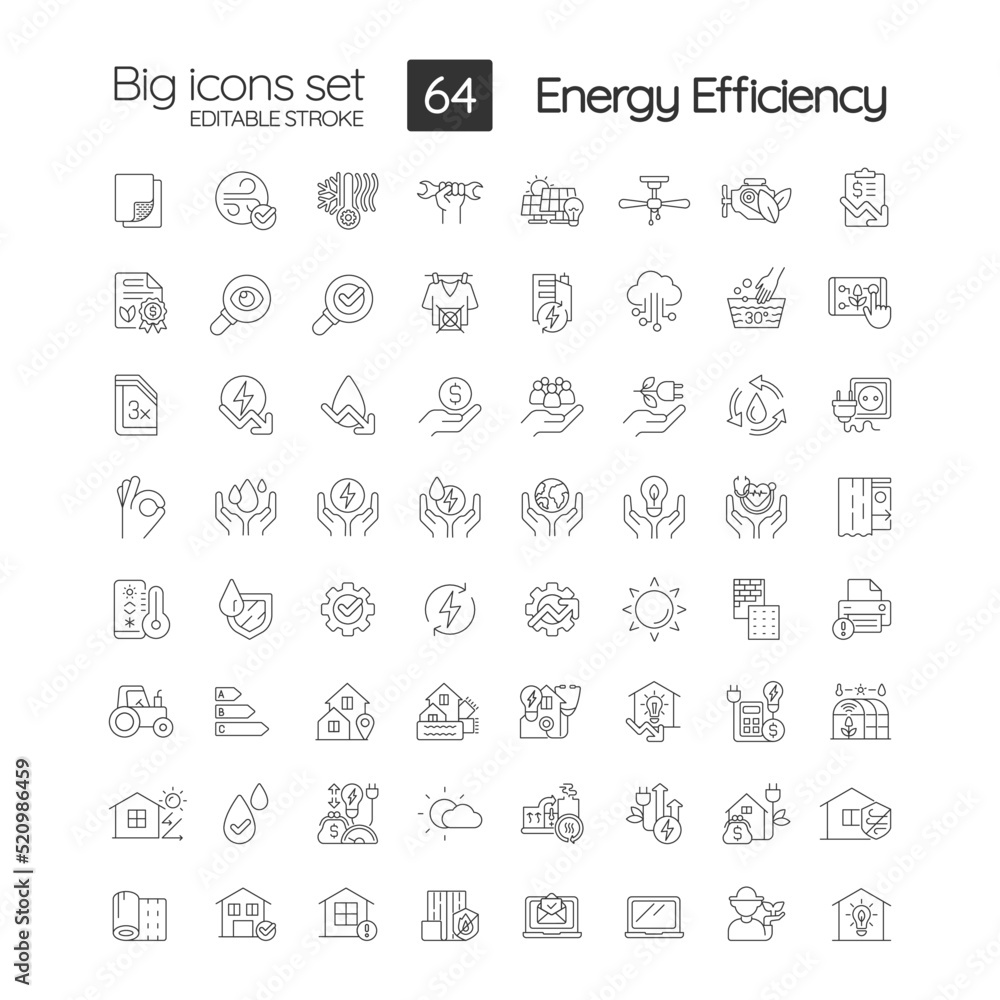 Energy efficiency linear icons set. Power conservation. Sustainability ...