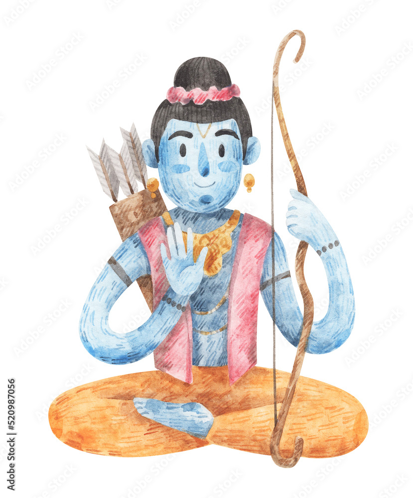 Gods of India. Watercolor illustrations of Hindu deity- Rama sitting in ...