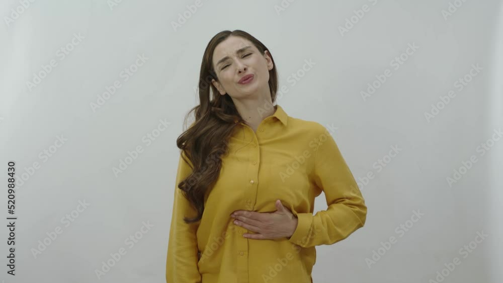 Character portrait of a woman suffering from stomachache and intestinal ...