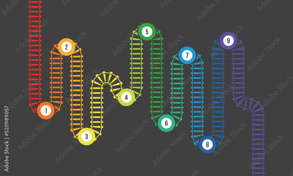 Vector illustration of curved railroad with marks isolated on dark ...