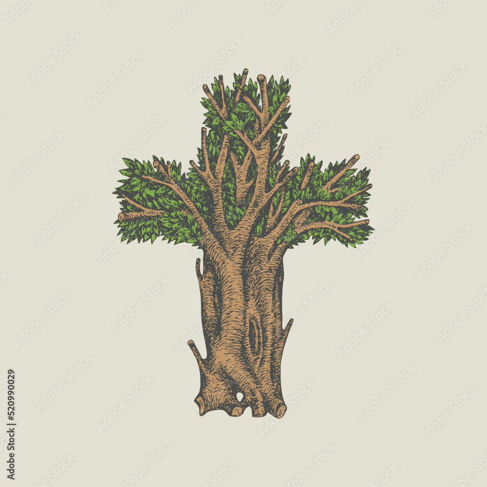Concept of a Christian cross in the form of a tree hand drawn ...