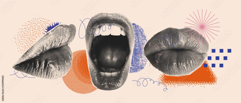 Set of Halftone Female mouths in different poses. Wide open mouth and ...